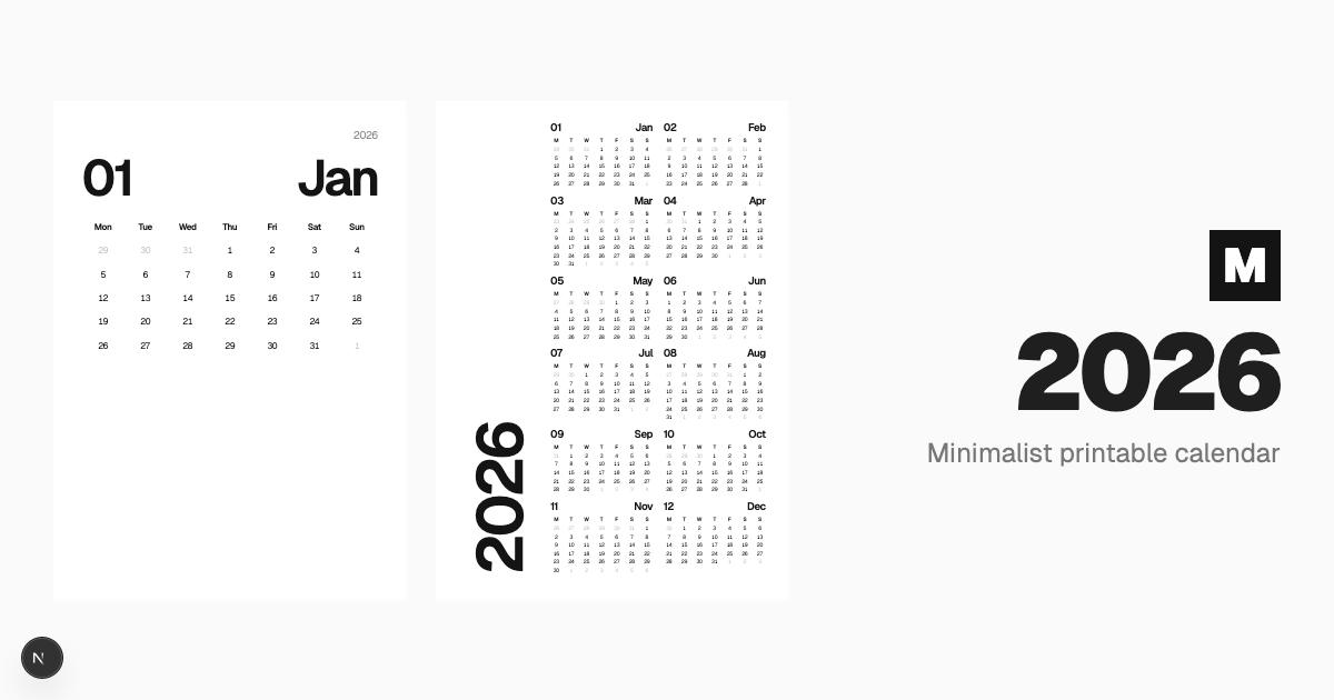 2026 Minimalist Printable Calendar | Minimal | Use Minimal